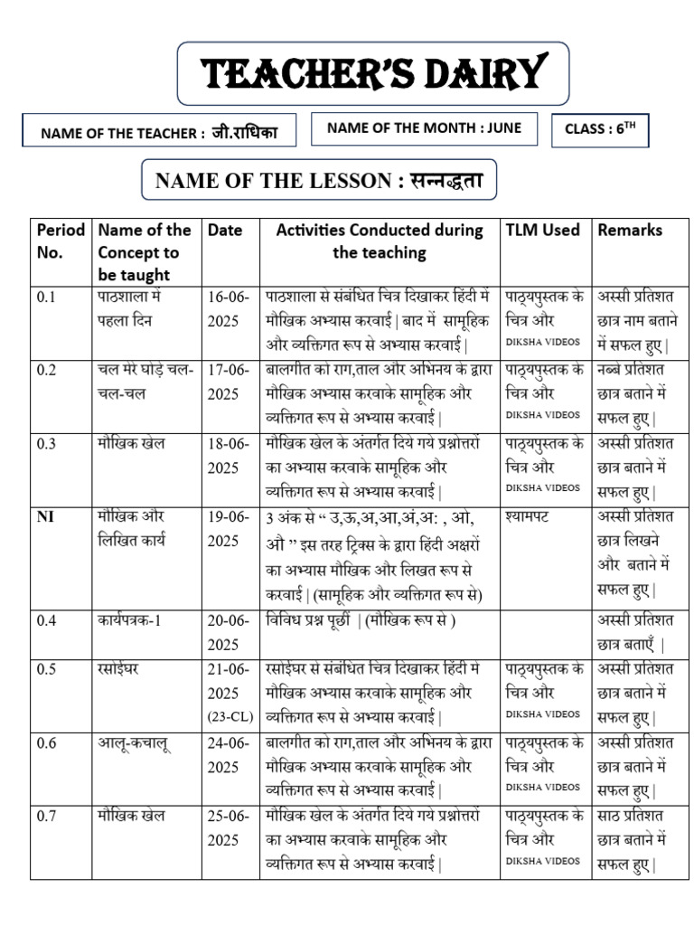 6th Class New Teachers Dairy 2025-26 | PDF