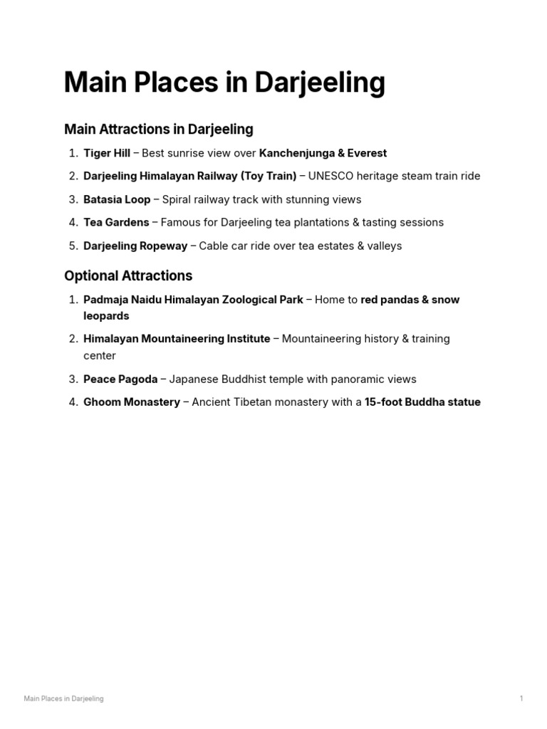 Main Places in Darjeeling | PDF