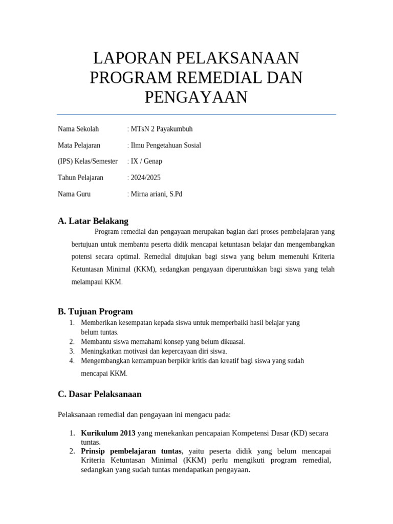Laporan Program Remedial dan Pengayaan | PDF