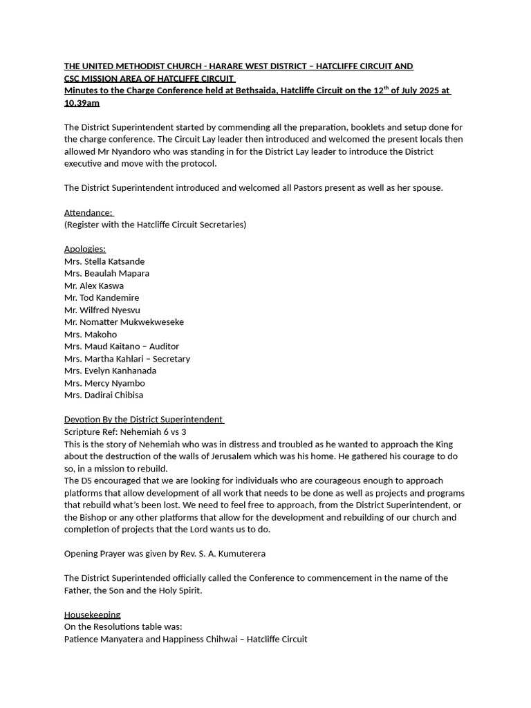 The United Methodist Church Charge Conference Minutes 2025 Hatcliffe ...