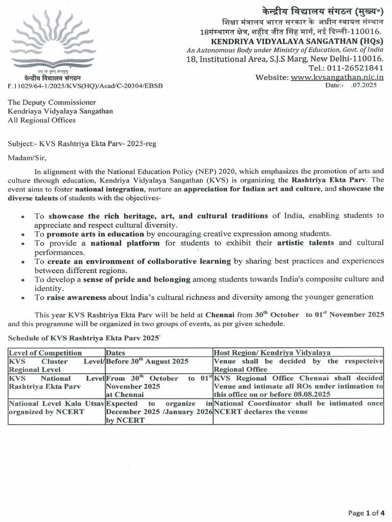 Kvs Rashtriya Ekta Parv 2025 | PDF