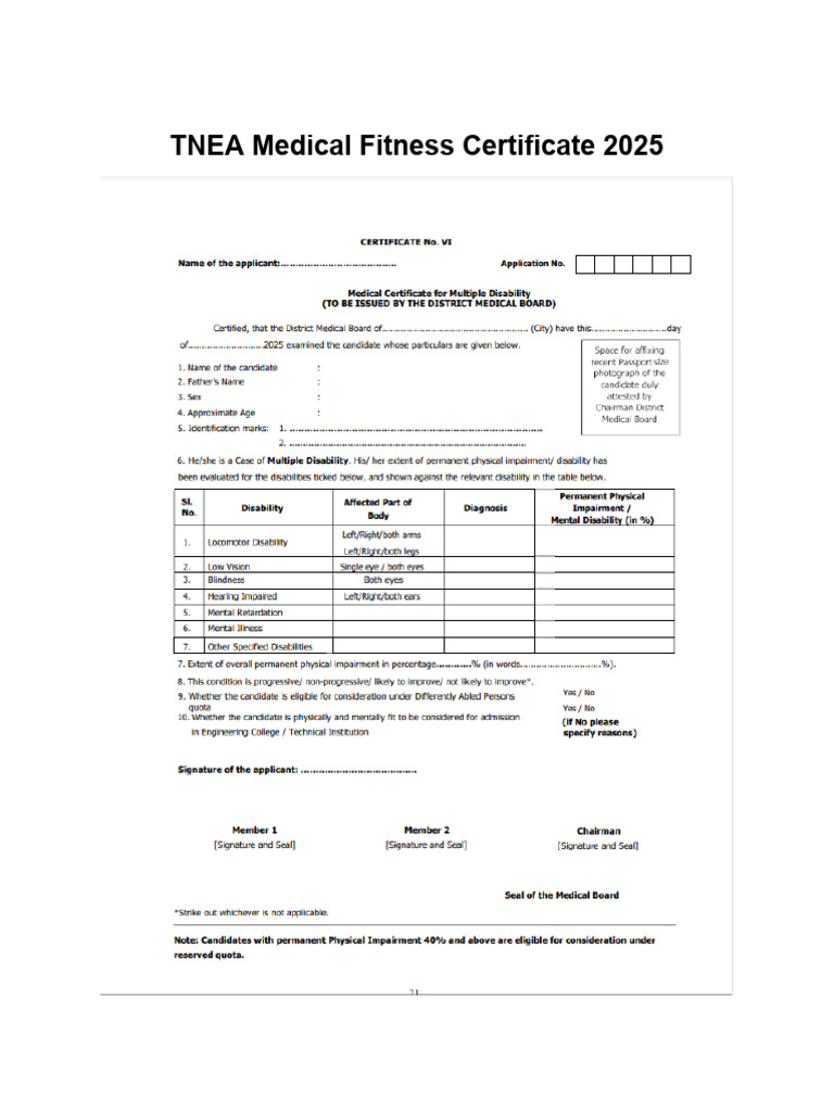 TNEA Medical Fitness Certificate 2025 | PDF
