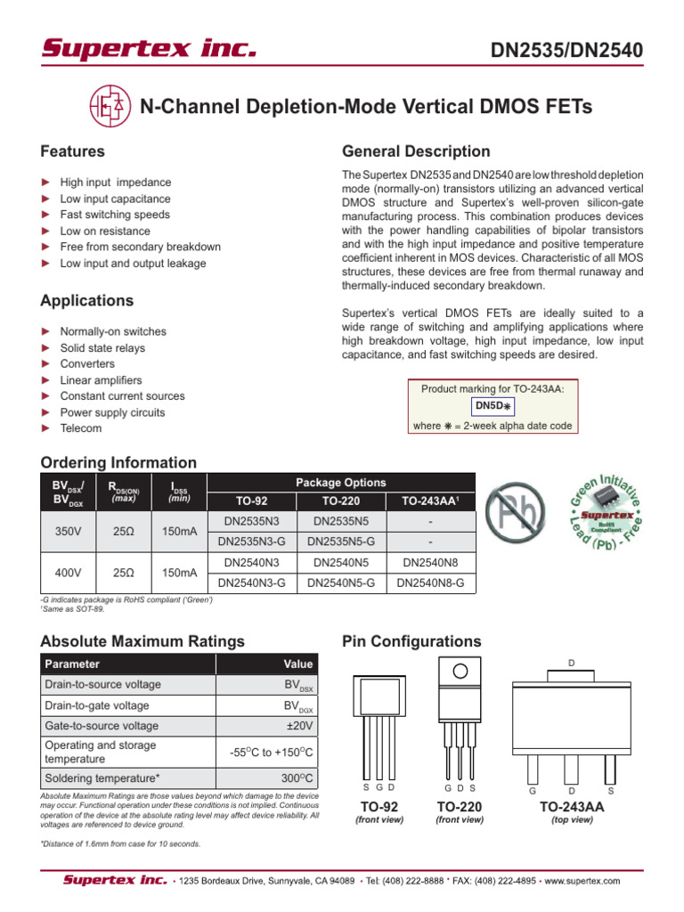 DN2540N3 Supertex | PDF | Mosfet | Field Effect Transistor