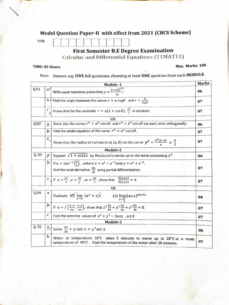 21MAT11 Model Question Paper 2 Solutions | PDF