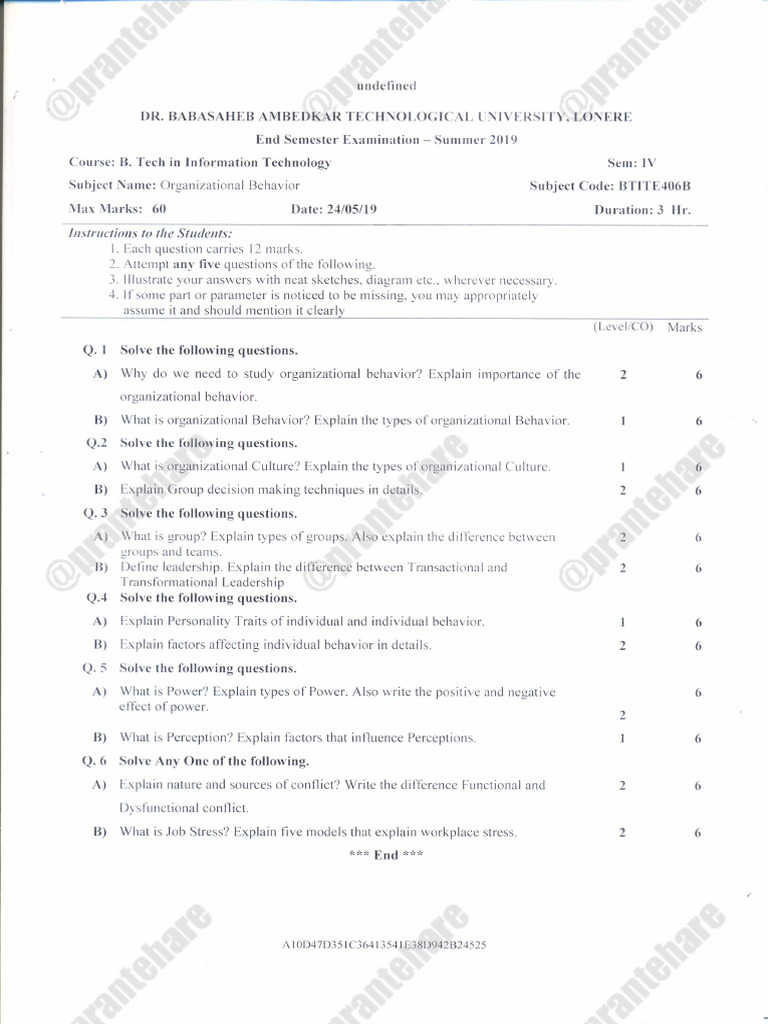 Organizational Behavior ALL PYQ (Pran Tehare) | PDF | Leadership | Job Satisfaction