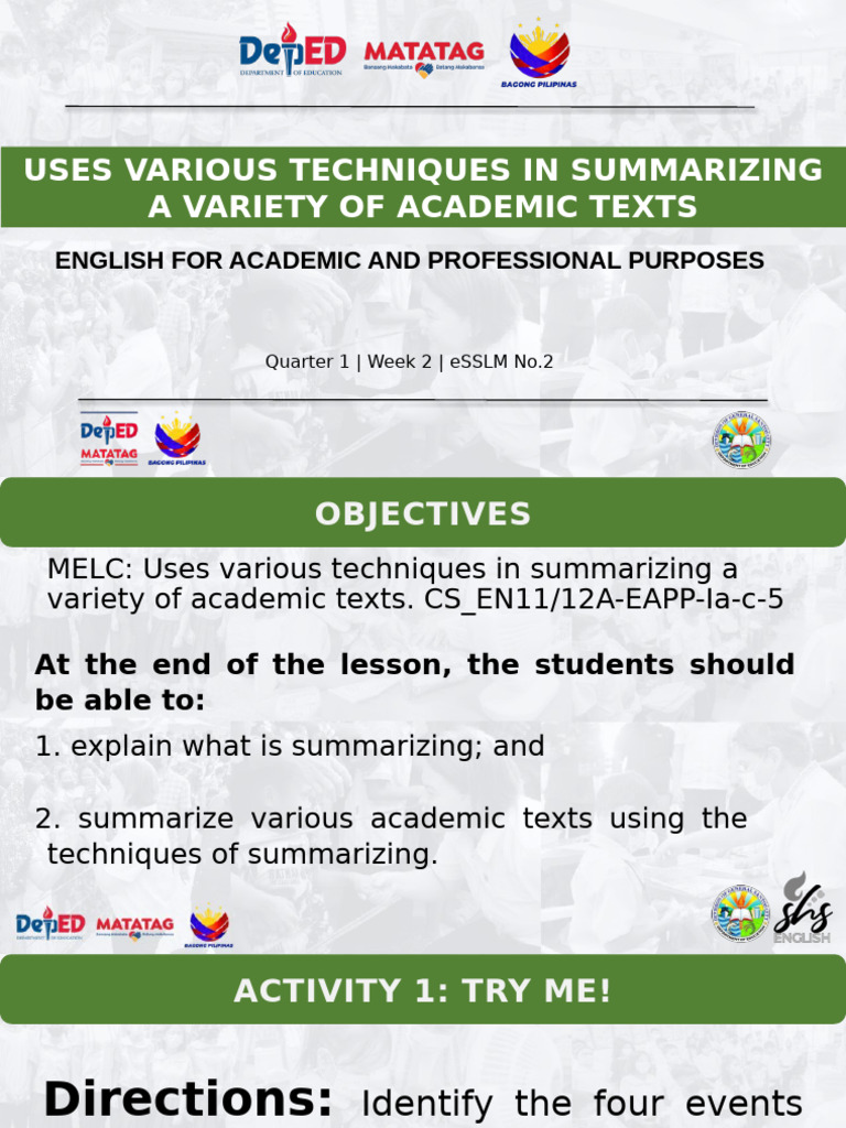 Q1 W2 Uses Various Techniques in Summarizing A Variety of Academic Texts | PDF | Speed Reading ...