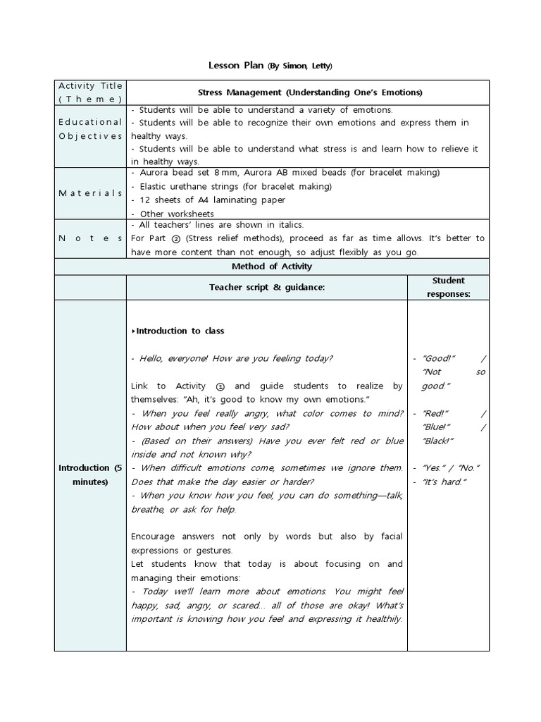 Stress Management Lesson Plan | PDF | Breathing | Anxiety