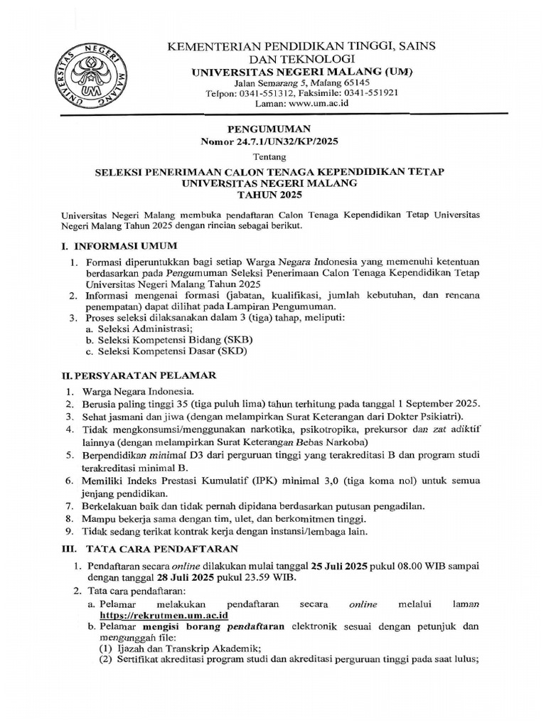 Pengumuman Seleksi Penerimaan CTT 2025 | PDF