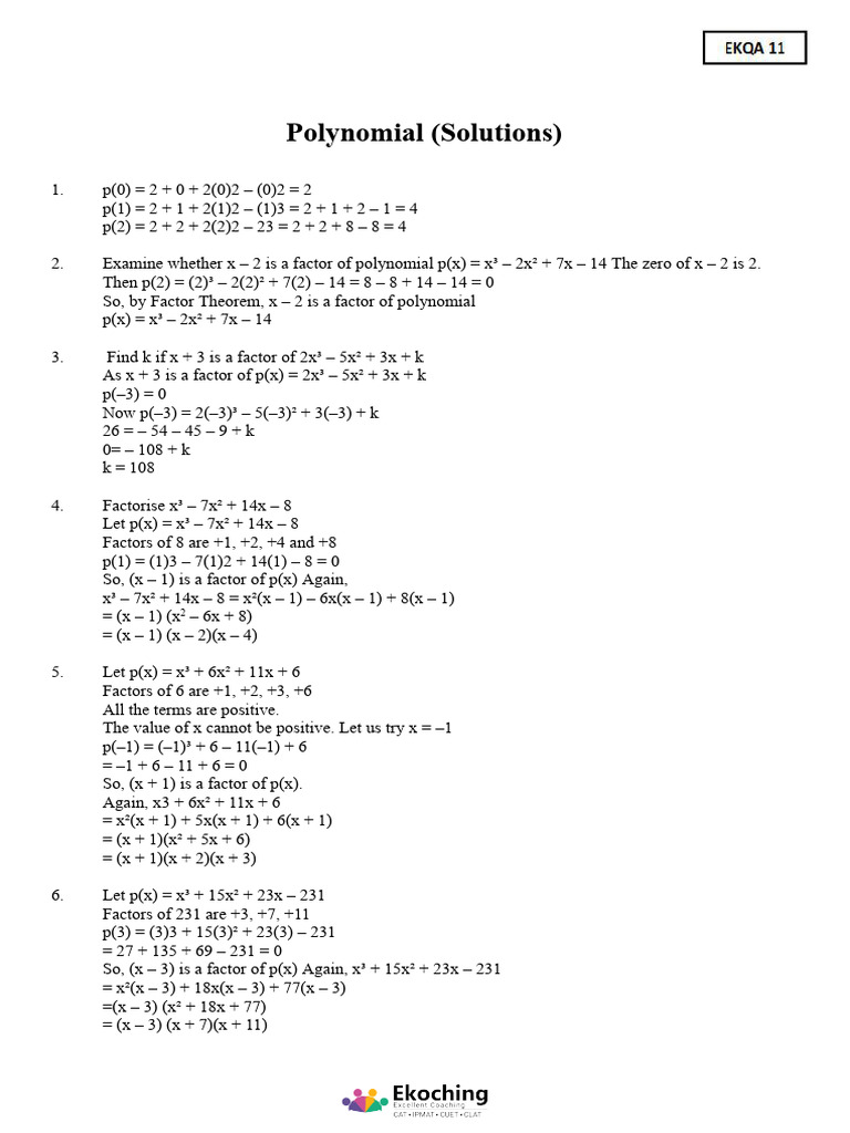 EKQA - 11 Polynomial Solution | PDF | Factorization | Chess