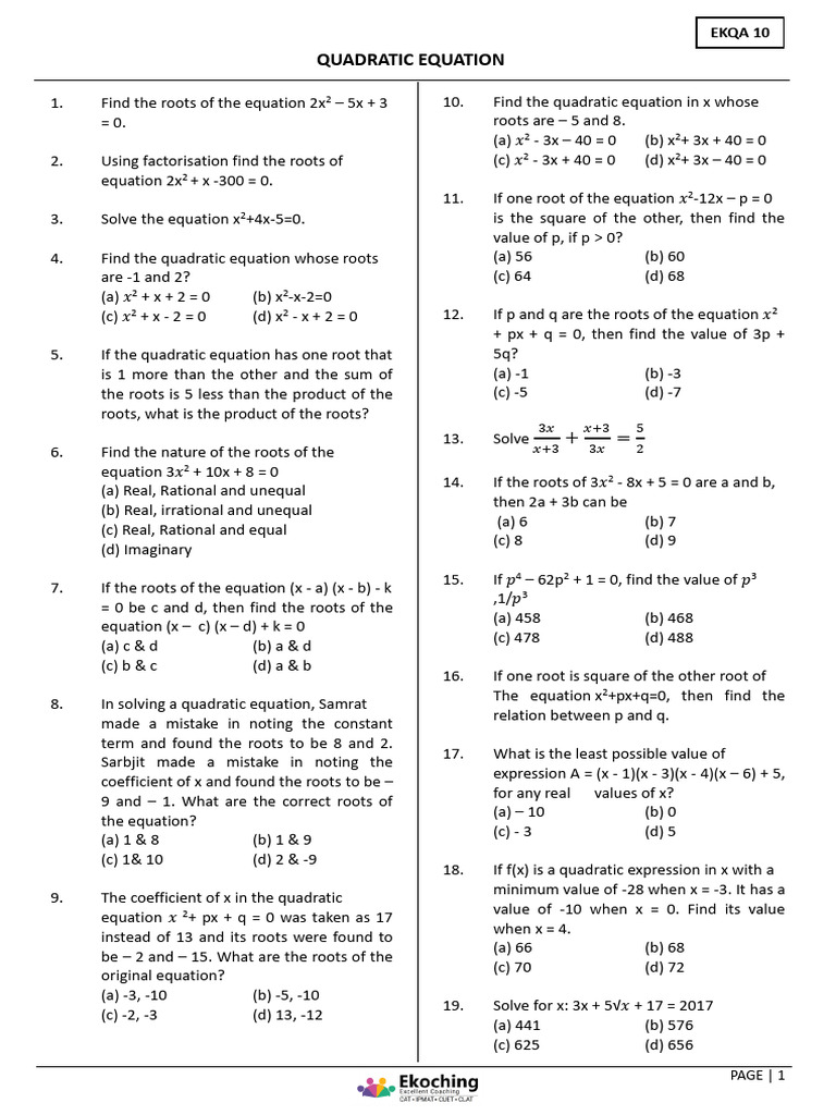 Quadratic Equation Problem Set | PDF | Quadratic Equation | Real Number