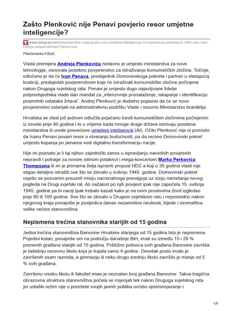 Telegram - Hr-Zašto Plenković Nije Penavi Povjerio Resor Umjetne ...