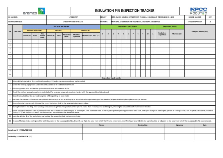 Insulation Pin Inspection Tracker | PDF | Welding | Construction
