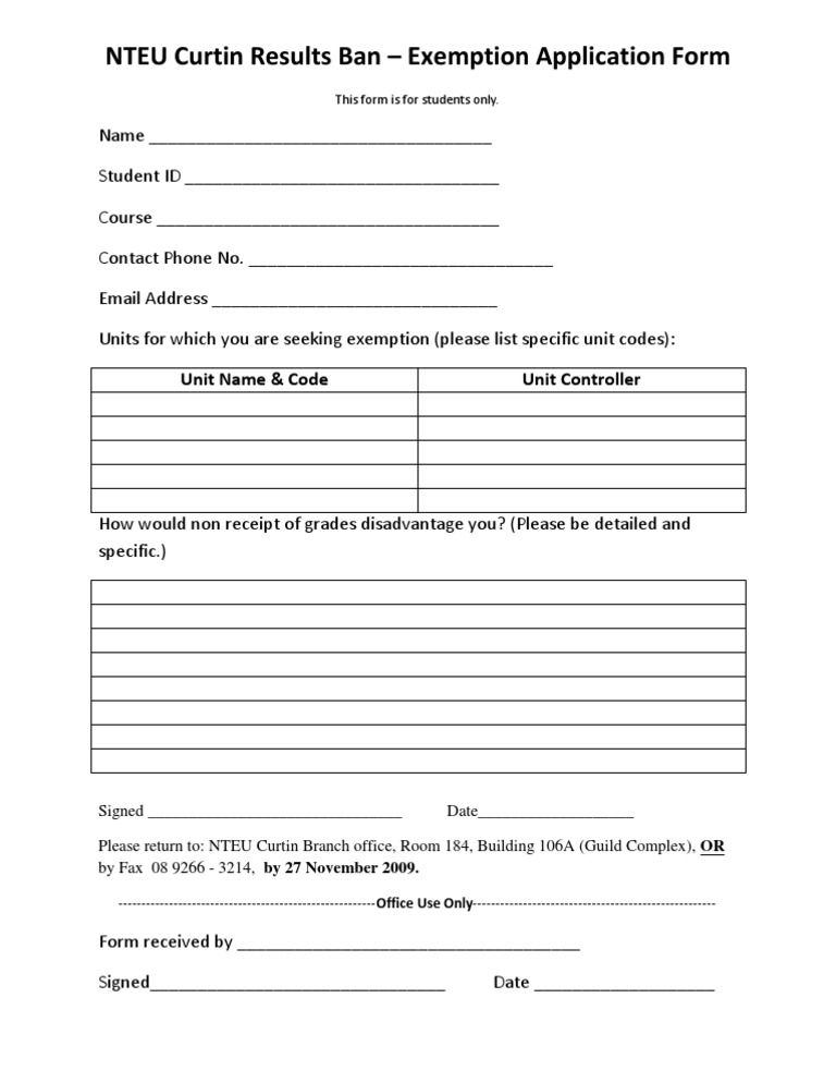 NTEU Curtin Exemption Application Form | PDF