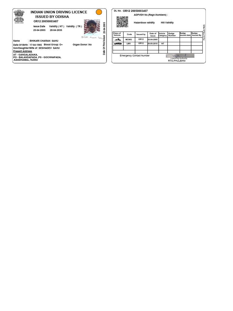 Odisha Driving License Details | PDF | Transport | Driving