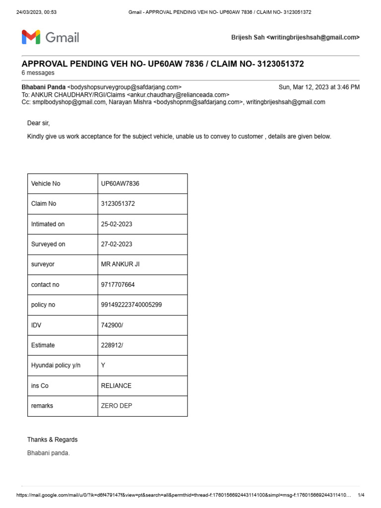 Gmail - Approval Pending Veh No - Up60aw 7836 - Claim No - 3123051372 ...