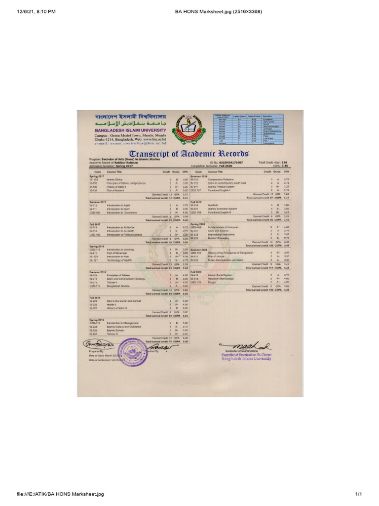 BA HONS Marksheet | PDF