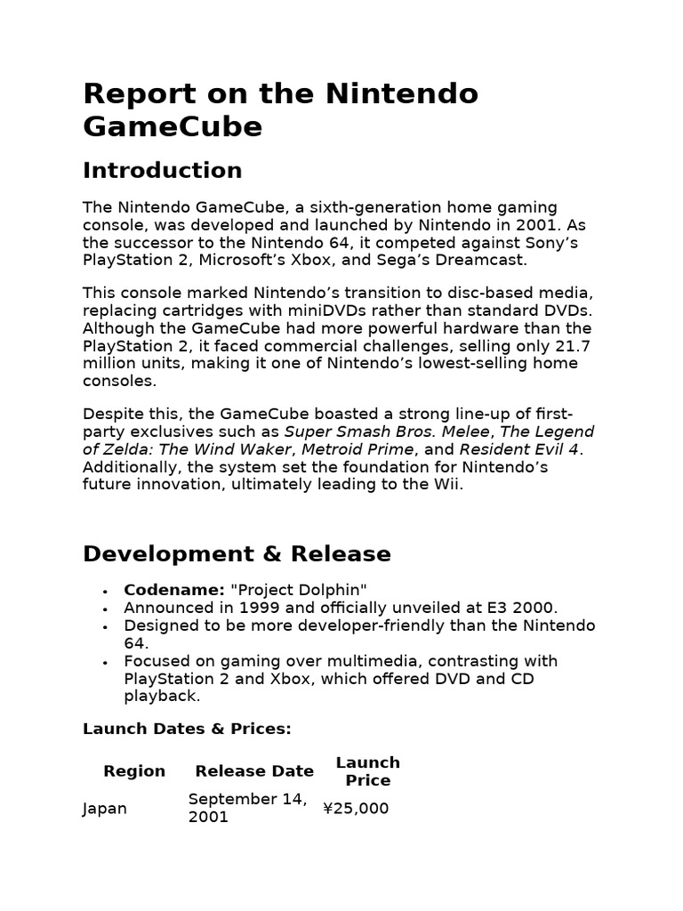 Report On The Nintendo GameCube | PDF | Electronic Publishing | Video Games