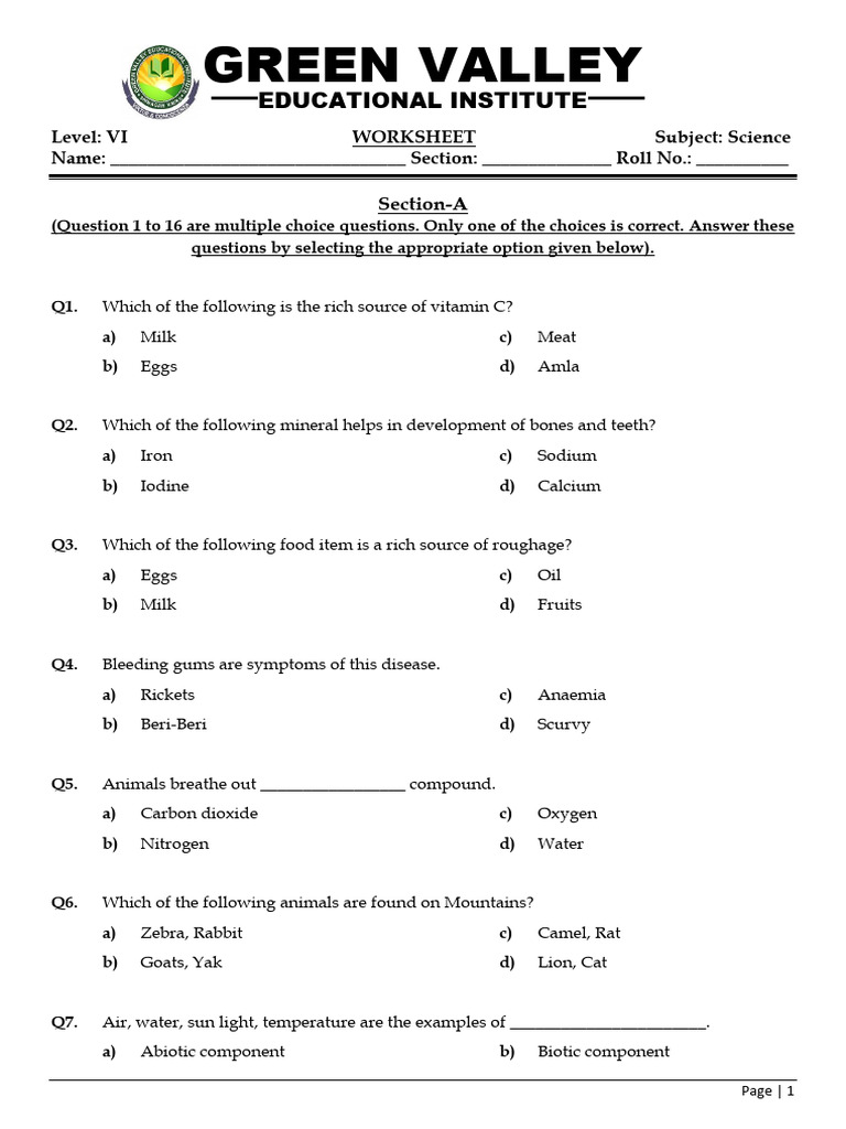 Class VI Science (Worksheet) | PDF | Shrub | Vitamin