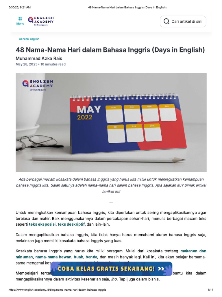 48 Nama-Nama Hari Dalam Bahasa Inggris (Days in English) | PDF