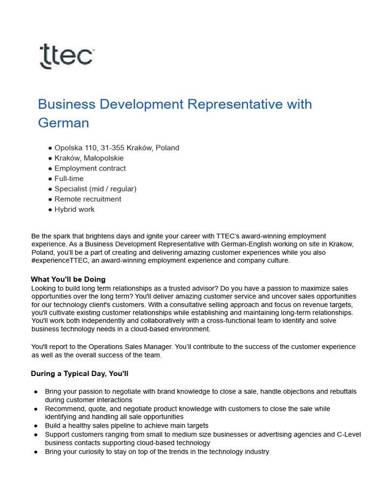 TTEC Business Development Representative With German | PDF | Sales ...