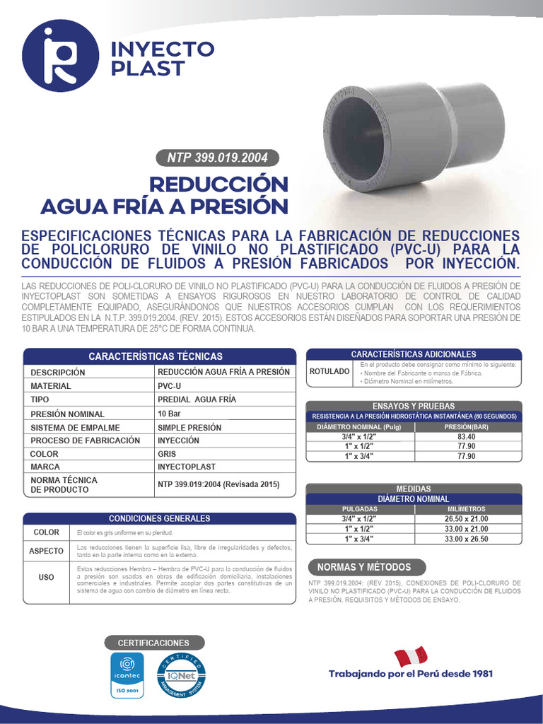 Reducciones PVC-U para Agua a Presión | PDF | Presión | Ingeniería mecánica
