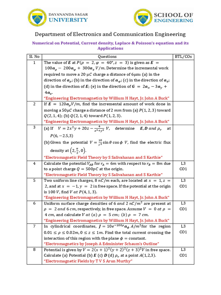 Numericals To Be Solved On Potential, Current Density Laplace-Poissons Equation and Its ...