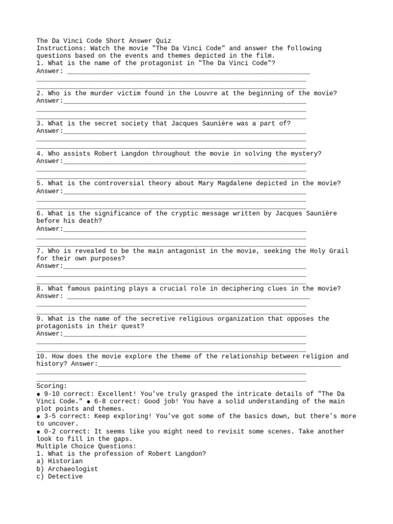 Da Vinci Code Quiz Questions | PDF