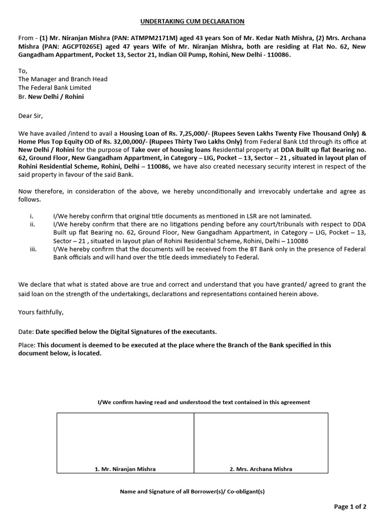 Undertaking Cum Declaration | PDF