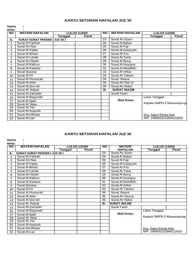 Kartu Setoran Hafalan Juz 30 SMPN 2 Muarasipongi | PDF