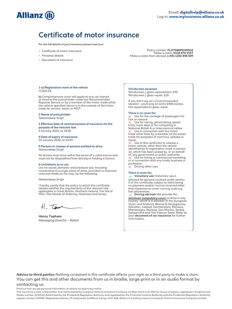 Certificate of Insurance YC65CSX | PDF | Vehicle Insurance | Insurance