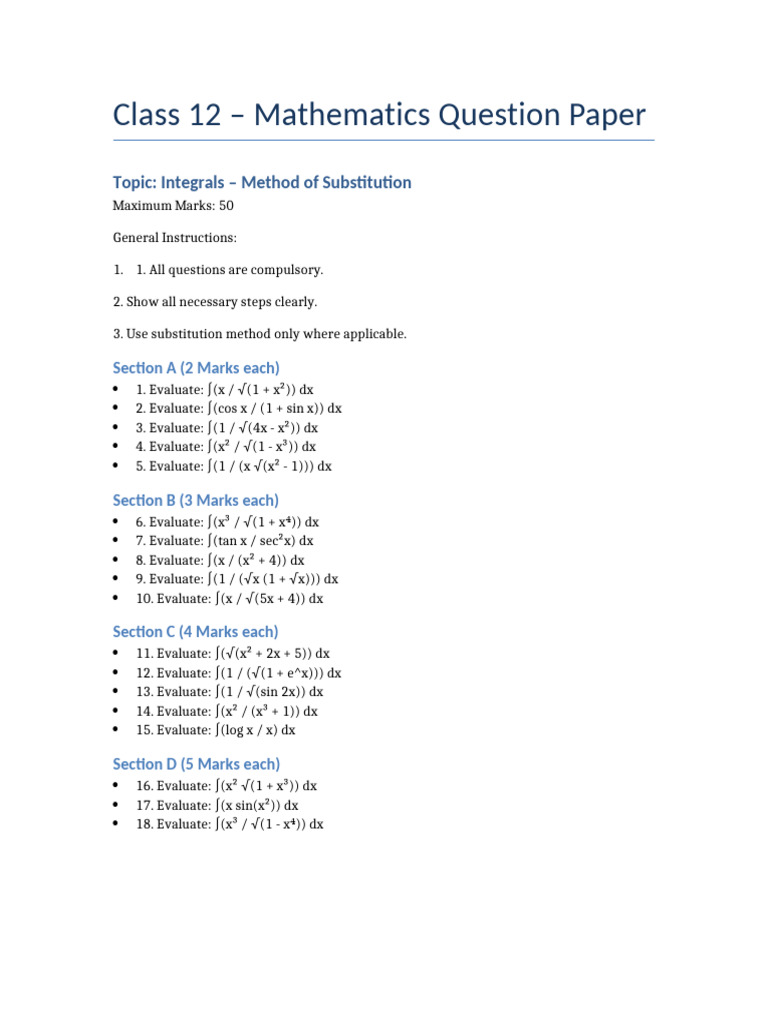 Grade 12 Maths Integrals Substitution 50 Marks | PDF