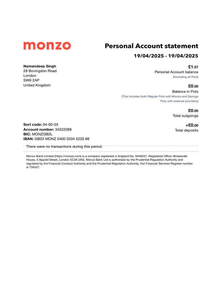 Monzo - Bank - Statement - 2025 04 19 2025 04 19 - 7505 | PDF | Deposit ...