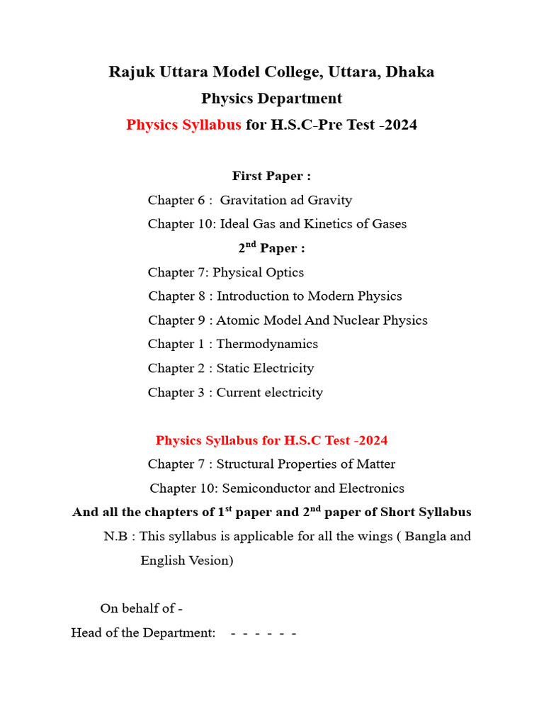 Pre Test HSC 25 Syllabus | PDF