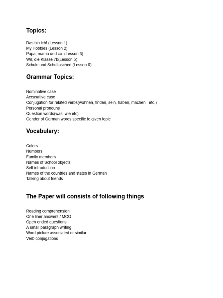 Grade 7 Einstufungstest - German Assesment | PDF