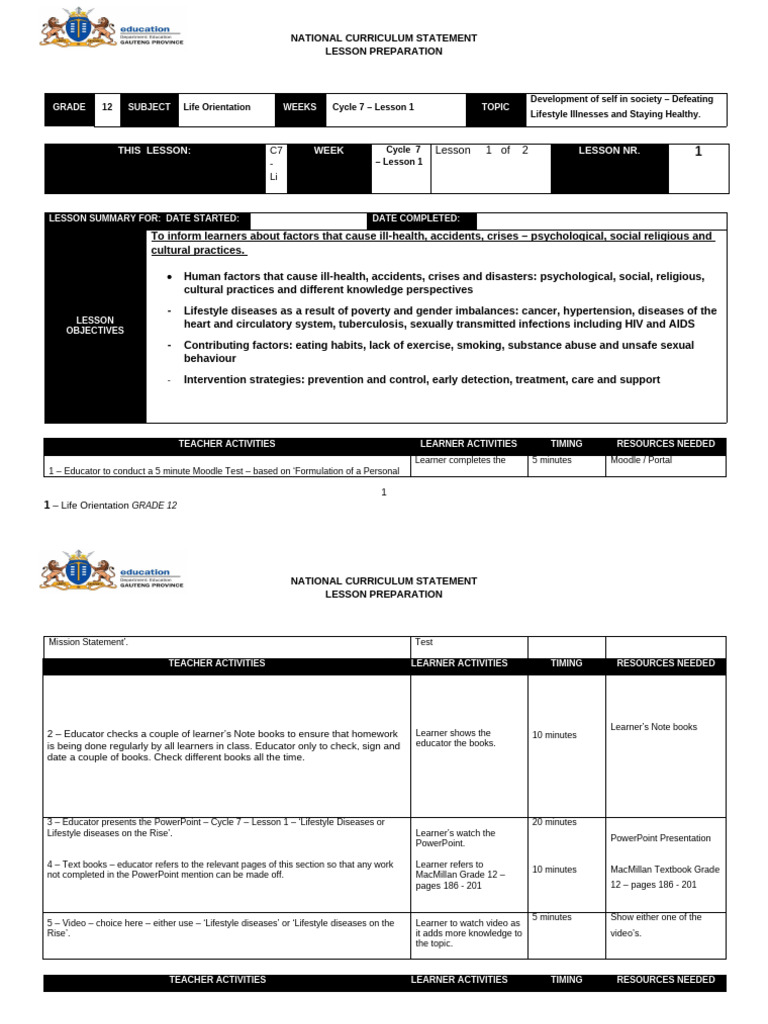 New Lesson Plan Gr12 - Cycle 7 - Lesson 1 | PDF | Teachers | Curriculum