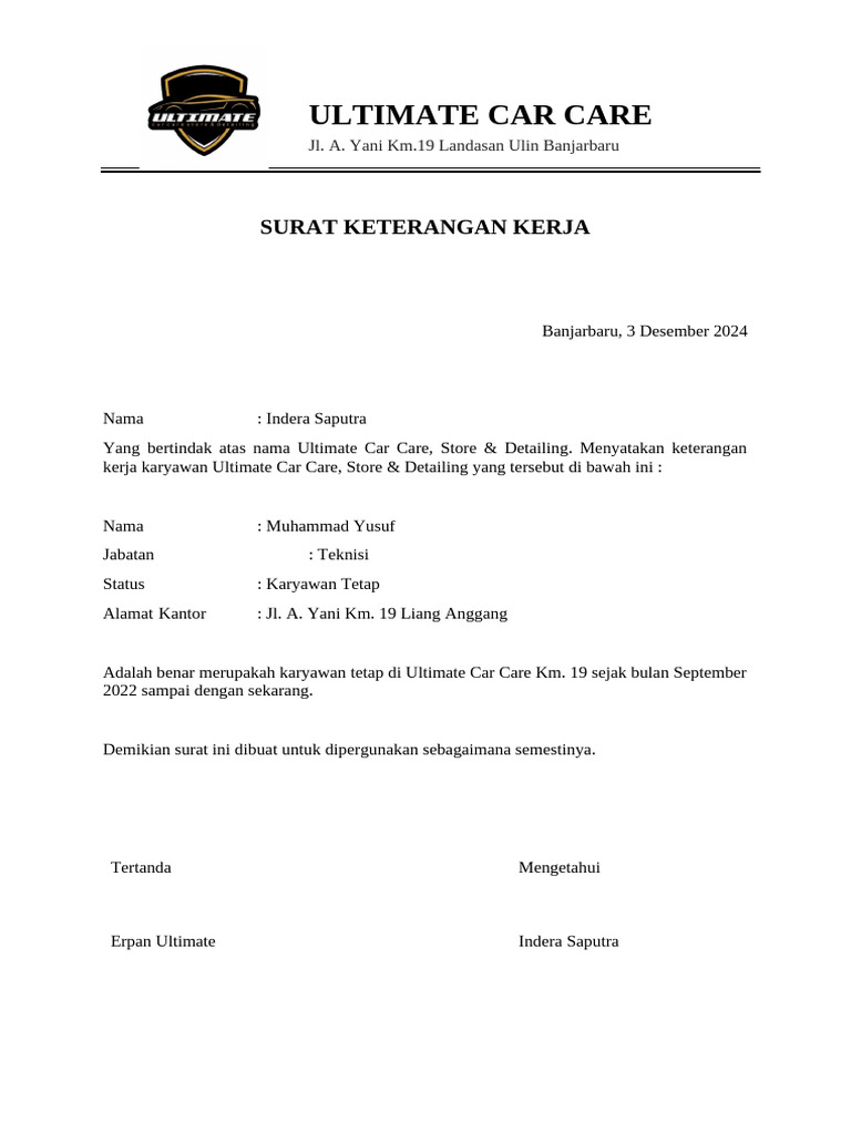 Surat Keterangan Kerja Ultimate Car Care | PDF