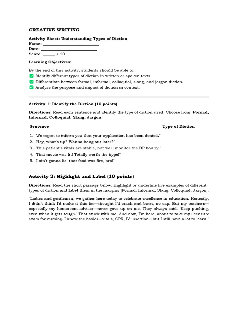 Types of Diction Activity Sheet | PDF