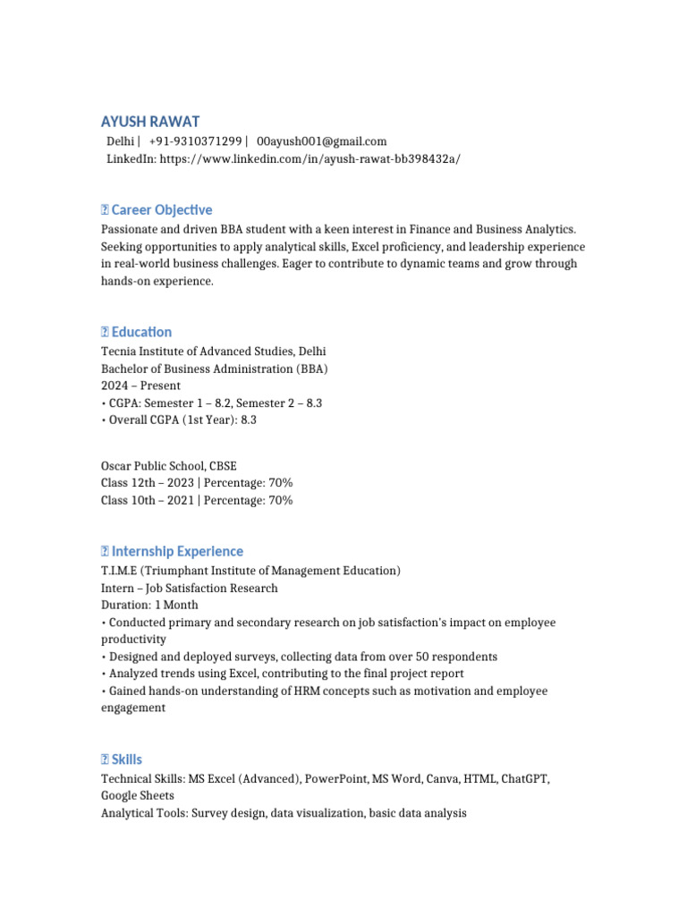 BBA Student Resume: Finance & Analytics | PDF