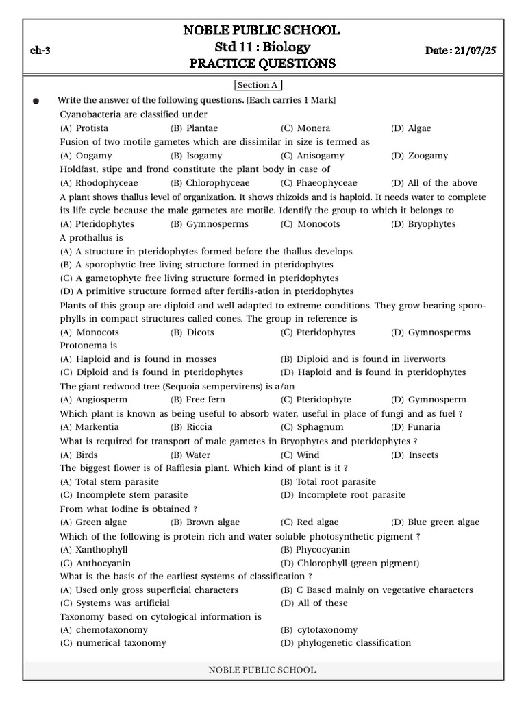 PRACTICEQUESTIONS D21-Jul-2025 250721 215542 | PDF | Biology | Organisms