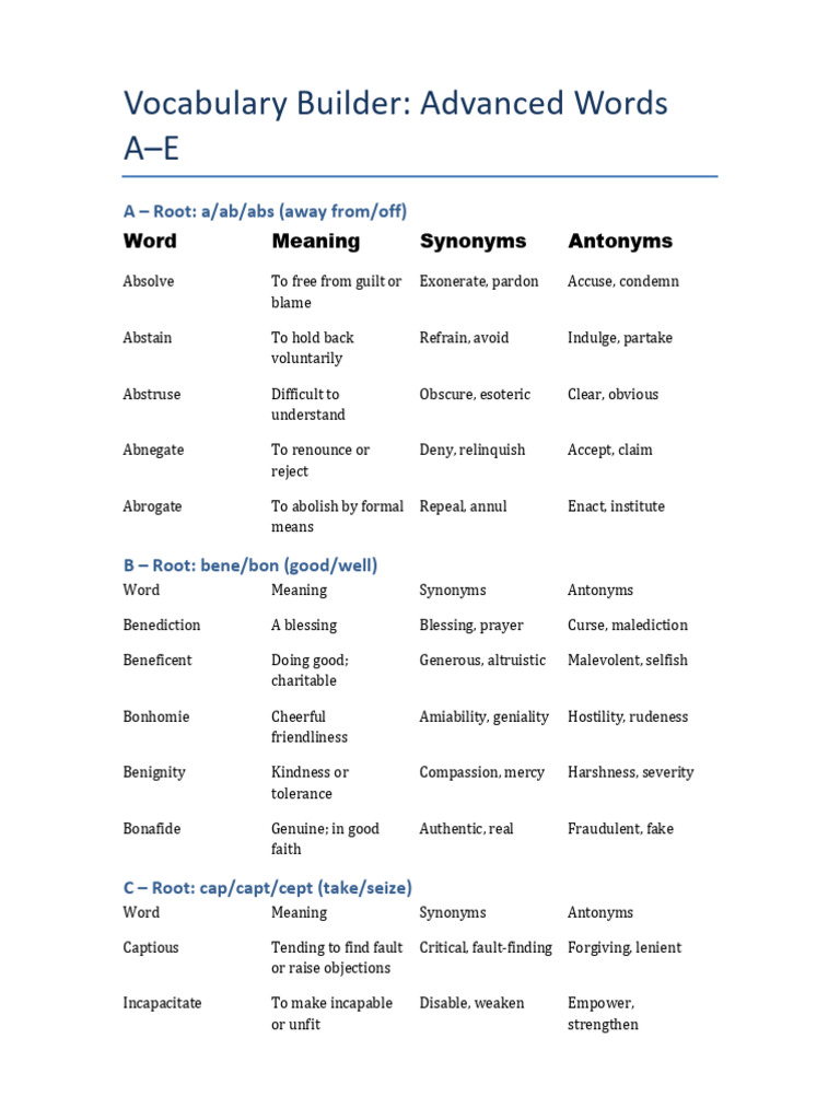 Advanced Vocabulary A To E | PDF