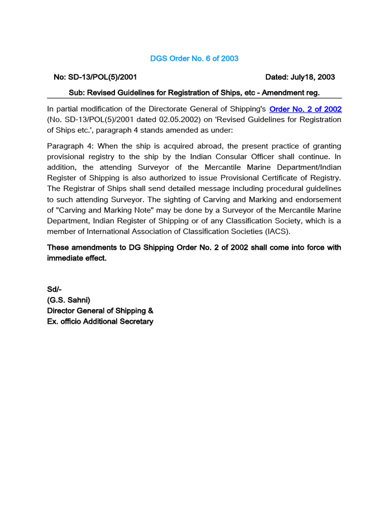 DGS Order No. 6: Ship Registration Guidelines | PDF