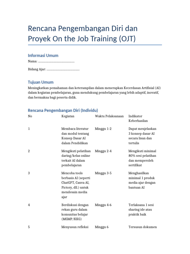 Rencana Pengembangan Diri Dan Proyek OJT | PDF