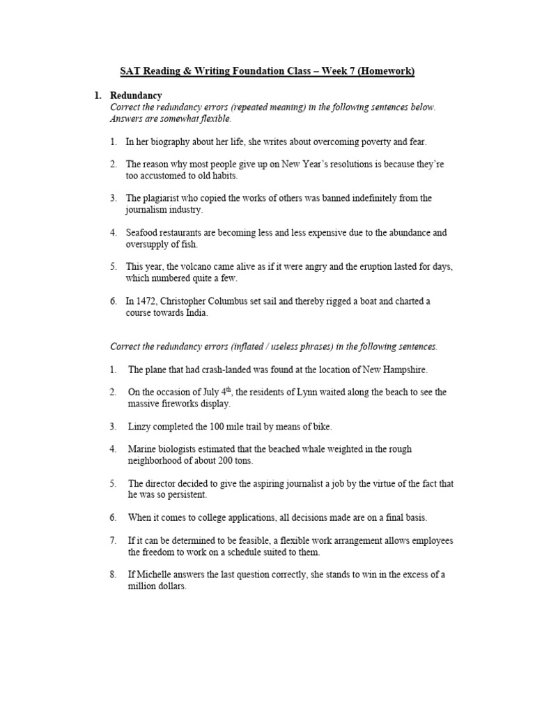 SAT Reading & Writing Homework: Week 7 | PDF