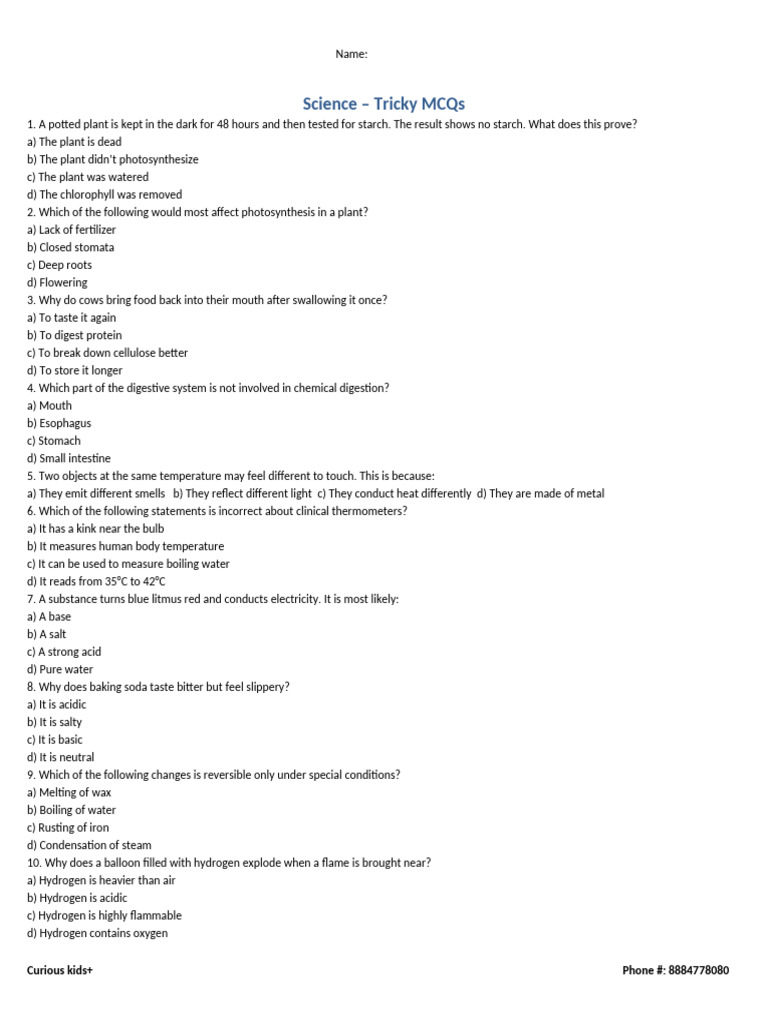 Class 7 Science Tricky MCQs Two Page Tight Format | PDF | Water | Carbon Dioxide