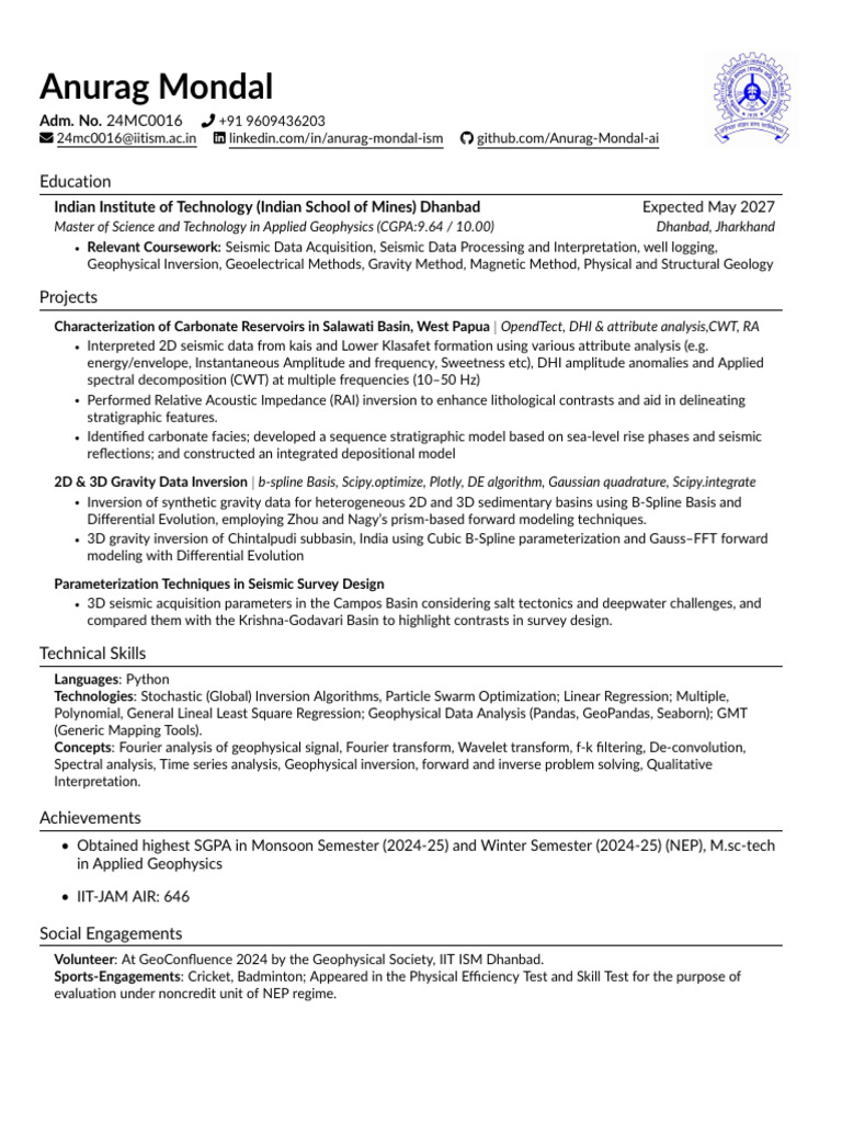 IIT Dhanbad Resume OnCampus 1 | PDF | Geophysics | Reflection Seismology