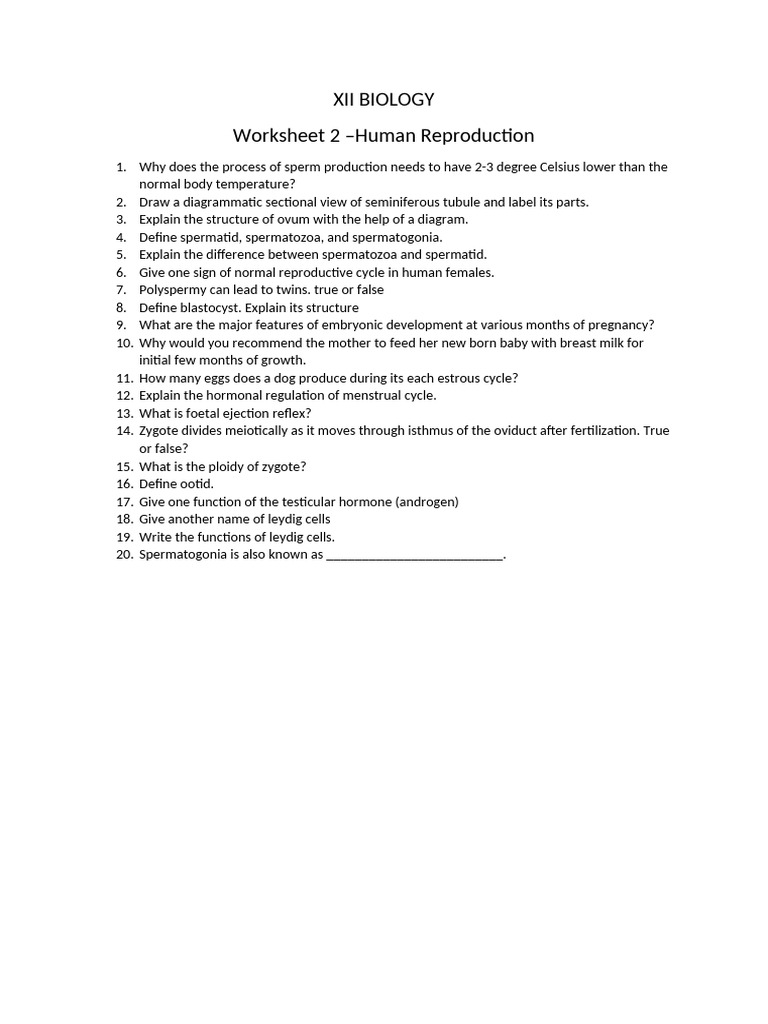 Worksheet 2 - Human Reproduction | PDF