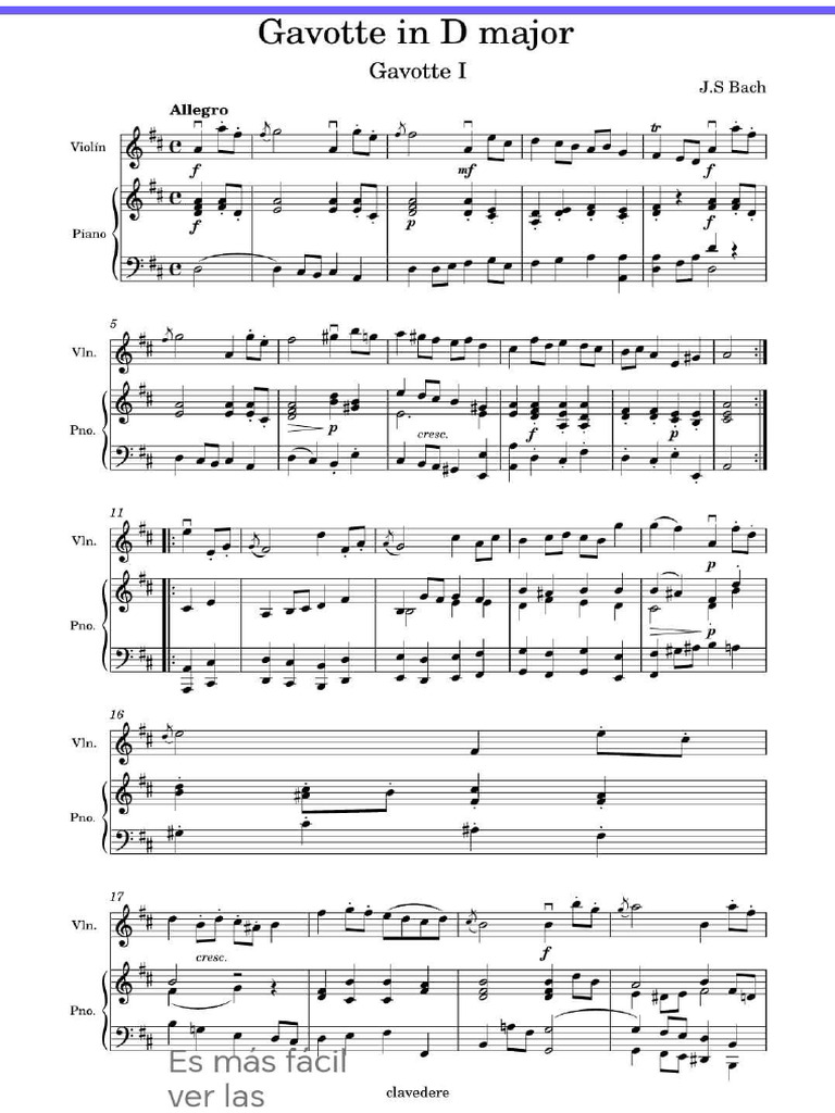 Bach, Johann Sebastian - Gavotte in D Major (VLN, Piano) | PDF