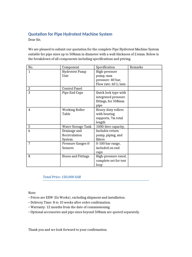 Hydrotest Machine Quotation | PDF