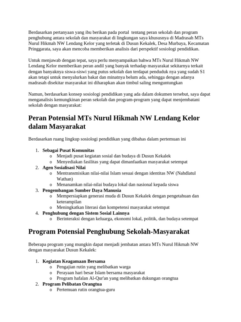 Peran Potensial Mts Nurul Hikmah NW Lendang Kelor Dalam Masyarakat | PDF