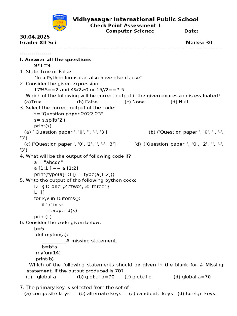 CS Grade XII Sci Checkpoint Assessment 1 (30.04.2025) | PDF | Modular ...